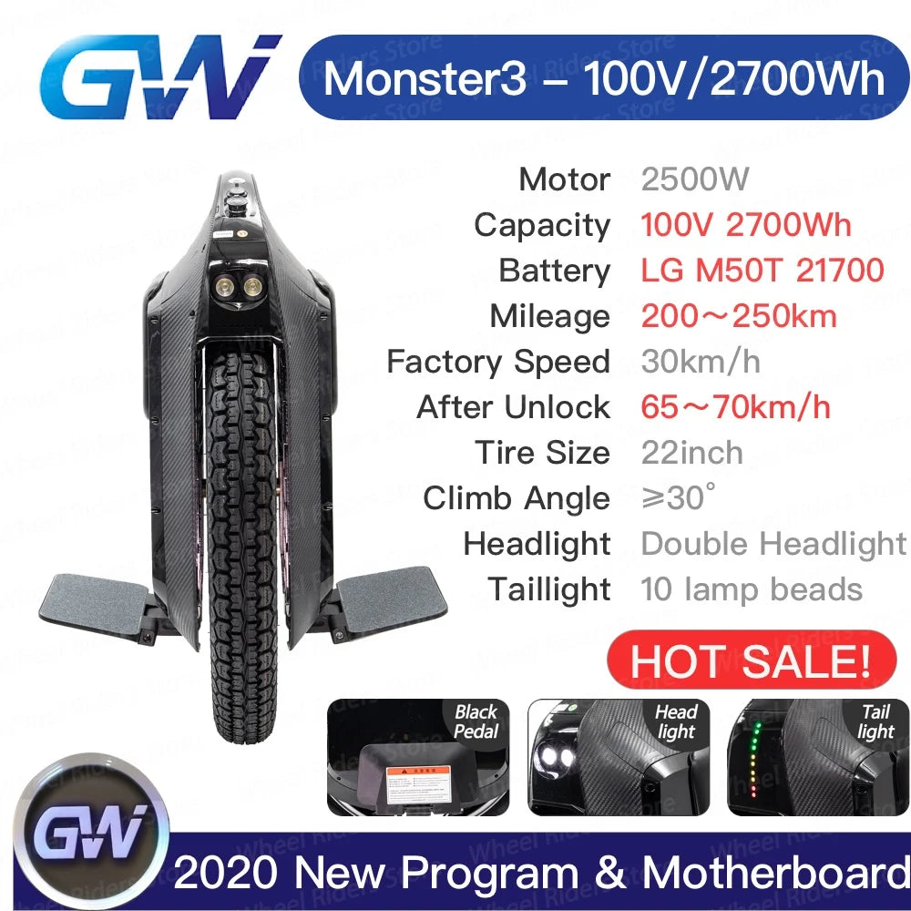 Gotway Monster V3 100V 2700WH Electric Unicycle 22inch Titan 3th Gener ...